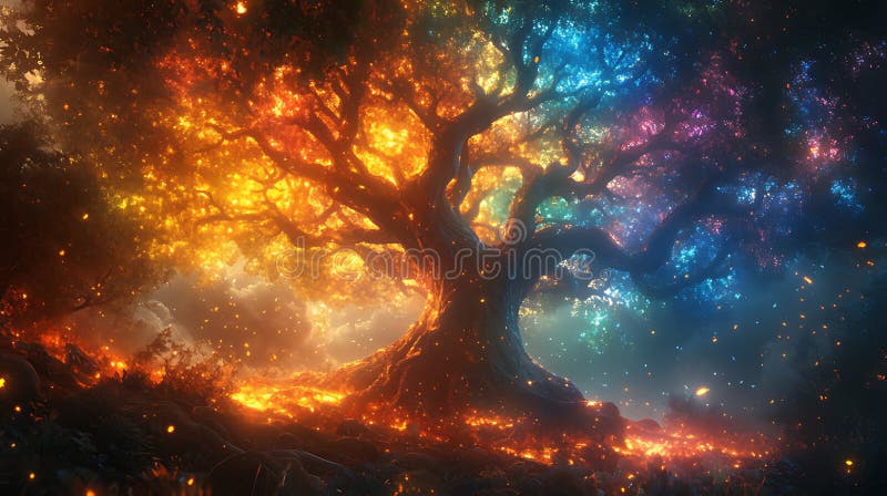Glowing Fantasy Tree, Night Forest, Magic, Game Background Stock ...