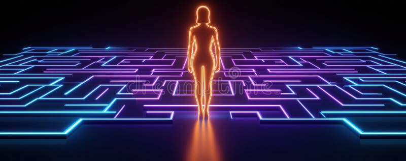 Glowing Female Figure Standing on Neon Labyrinth Stock Photo - Image of ...