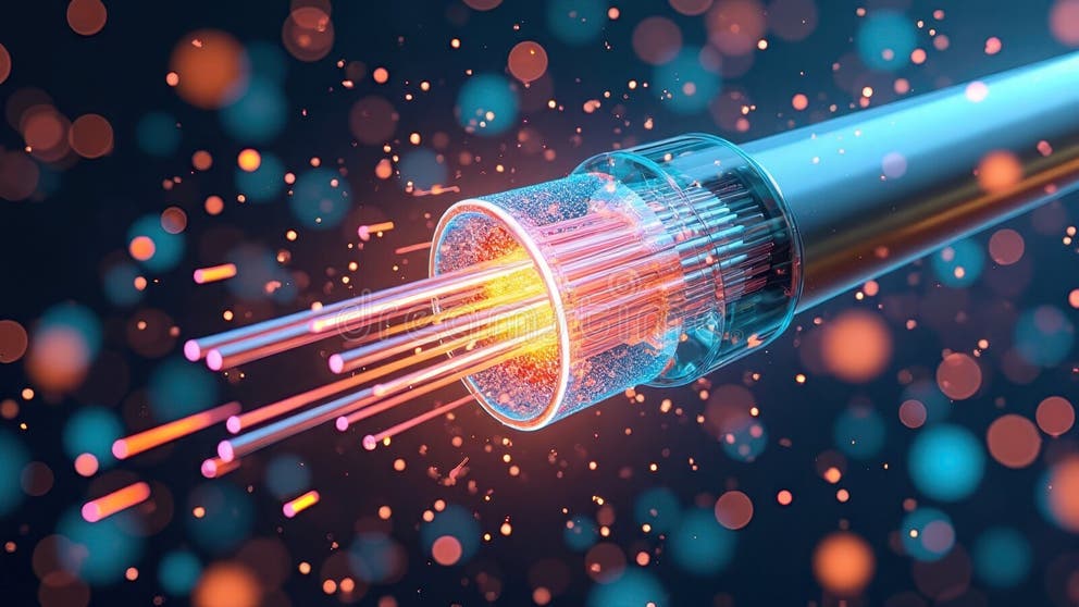 Glowing Fiber Optic Cable with Colorful Light Particles in Motion Stock ...