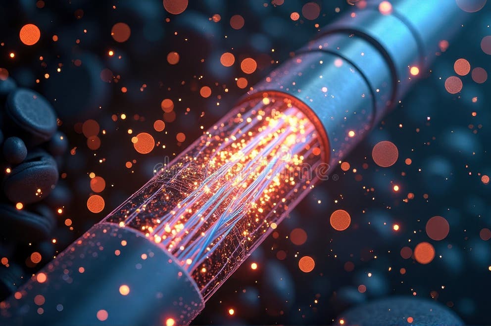 Glowing Fiber Optic Cable with Sparkling Lights in a Dark Environment ...