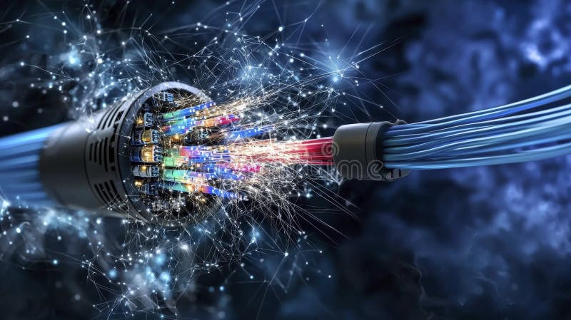 Glowing Fiber Optic Cables Transmitting Data Streams Digital Network ...