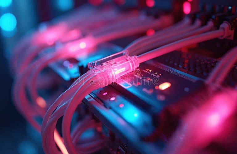 Glowing Fiber Optic Data Cables Transfer Information Inside Computer ...