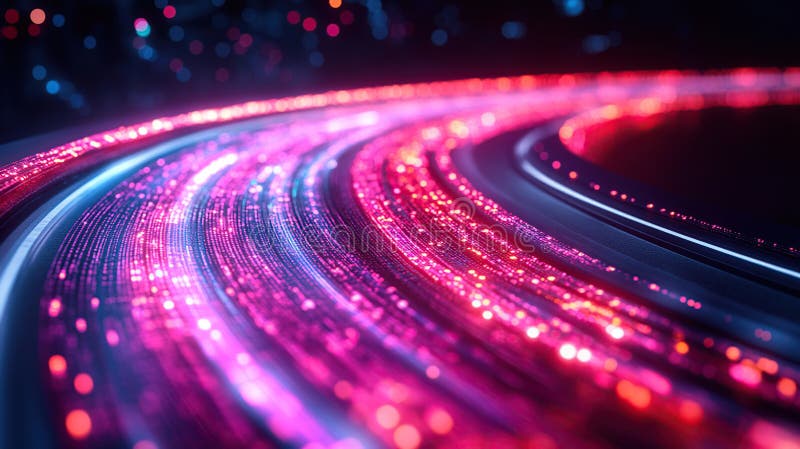 Glowing Fiber Optic Streaks Curve through Dark Space; Digital Data Flow ...