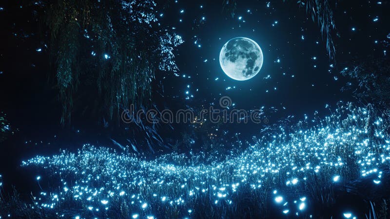 Glowing Field at Night Under a Full Moon Stock Image - Image of ...
