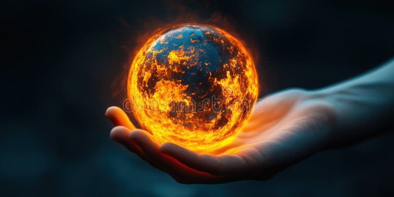 Glowing Fiery Globe Rests in Hand, Surrounded by Flames, Evoking Power ...