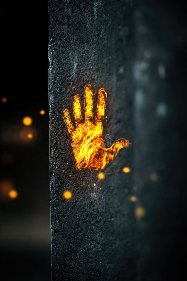 Glowing Fiery Handprint on Dark Surface with Sparks and Smoke Stock ...