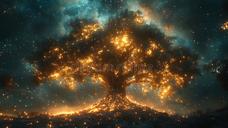 Glowing, Fiery Tree in a Dark, Cosmic Landscape Stock Illustration ...