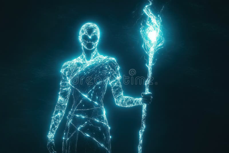 A Glowing Figure Stands Alone, Staff in Hand, Blending Technology and ...