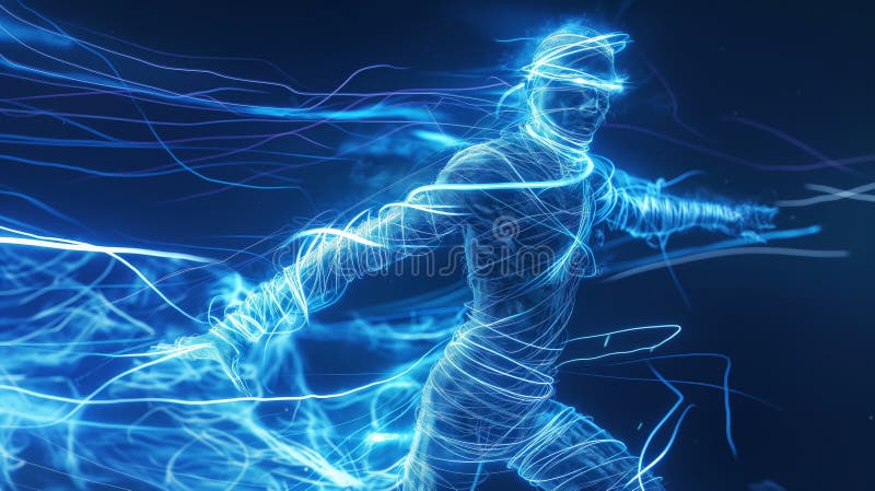 Glowing Figure Wrapped in Blue Light Trails Stock Illustration ...
