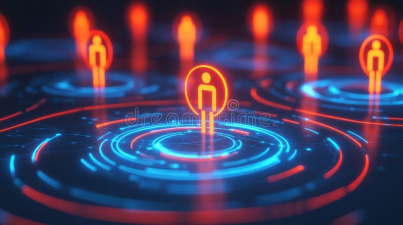 Digital Network Connections Glowing in Blue and Red with Figures ...