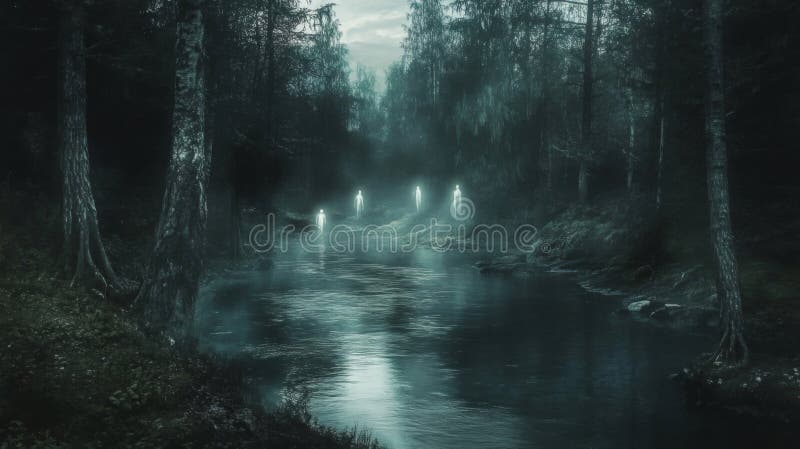 Glowing Figures by the River in a Dark Forest Stock Illustration ...