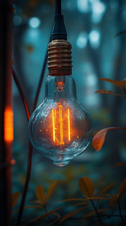 Glowing Filament Bulb Creating Warm Light in a Forest at Dusk Stock ...