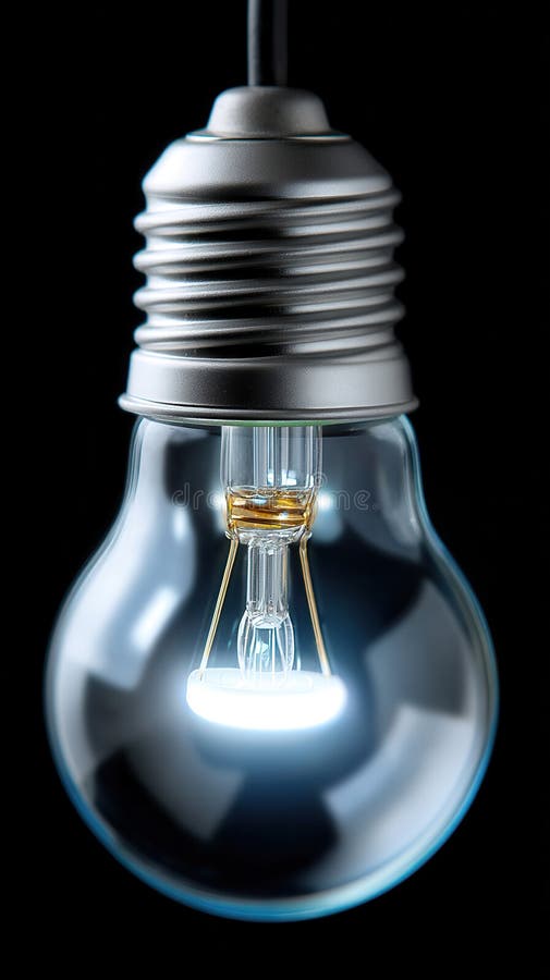 Glowing Filament in Clear Lightbulb with Metal Base Against Plain Black ...