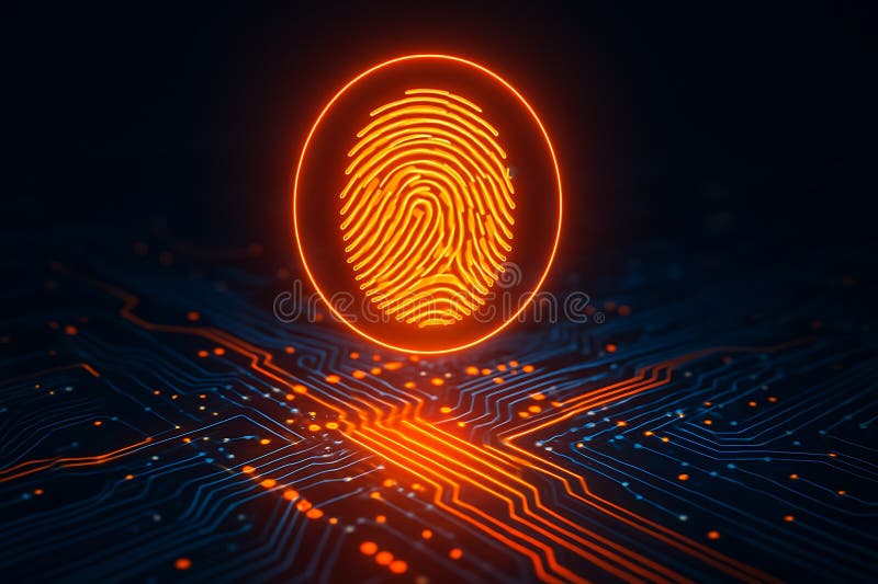 Glowing Fingerprint on a Circuit Board, Digital Security Concept Stock Illustration ...