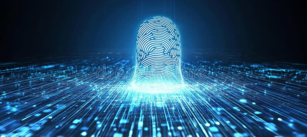 Glowing Fingerprint on Futuristic Technological Background with Binary ...