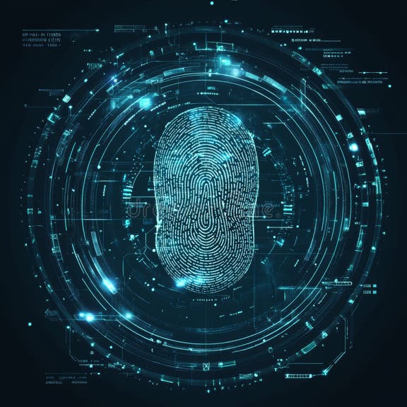 Glowing Fingerprint Scan with HUD Elements. Biometric Security and ...