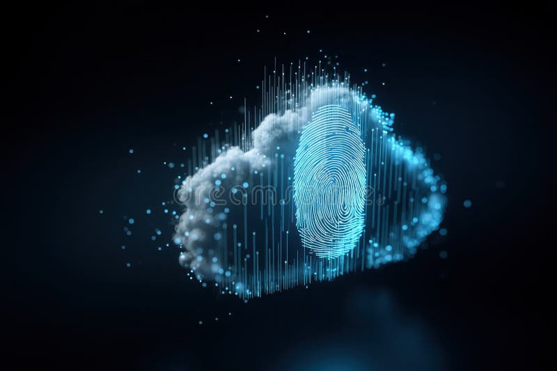 Glowing Fingerprint Scanner Hovering Over Digital Cloud Background with ...