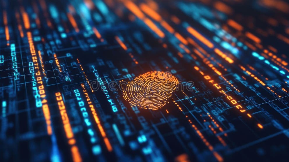 Glowing Fingerprint Scanning Across Futuristic Digital Binary Code Stream Stock Photo - Image of ...