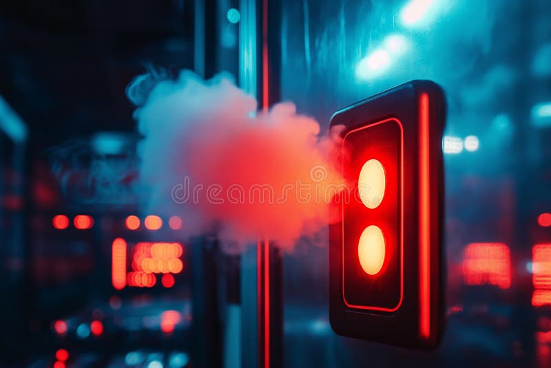 Glowing Fire Alarm Button Emits Red Light and Smoke in Dark Environment ...