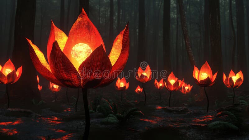Glowing Fire Flowers in Dark Forest at Night Stock Illustration ...