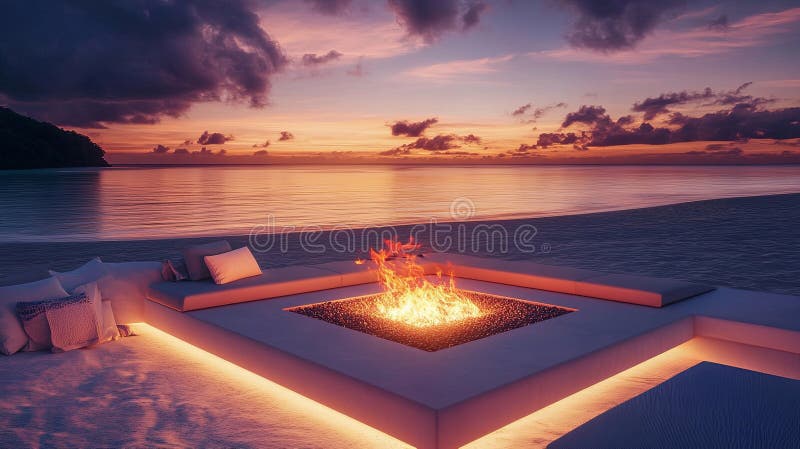 A Glowing Fire Pit on a Private Beach with Sleek Modern Seating ...