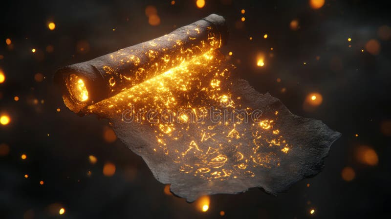 Glowing Fire Scroll Floating on Dark Background with Sparks and Smoke ...