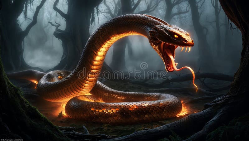 Glowing Fire Serpent in a Dark Forest Stock Illustration - Illustration ...