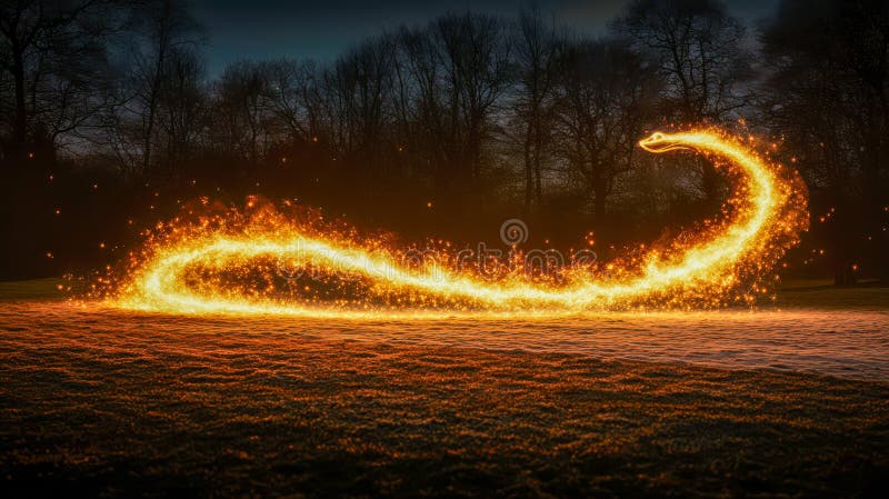Glowing Fire Serpent Windy Path in Nighttime Forest Stock Illustration ...