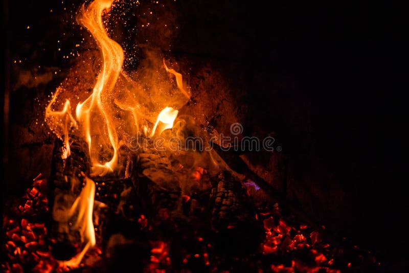 A Glowing Fire in the Stone Fireplace Stock Photo - Image of bright ...