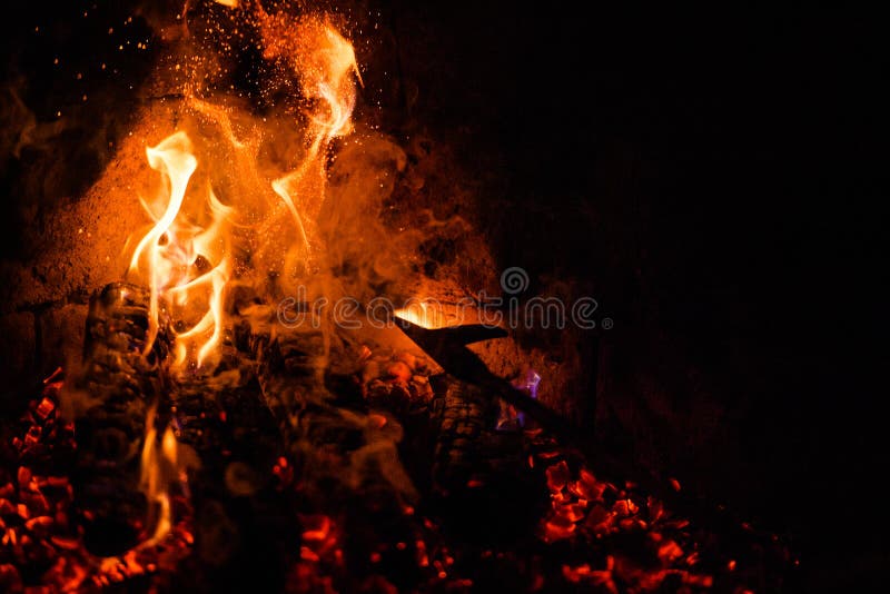 A Glowing Fire in the Stone Fireplace Stock Photo - Image of december ...