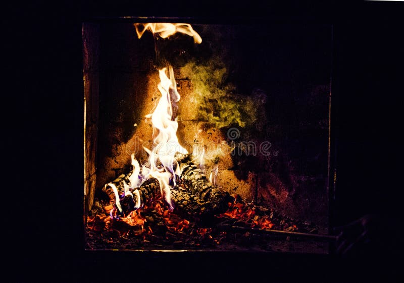 A Glowing Fire in the Stone Fireplace Stock Image - Image of wood ...