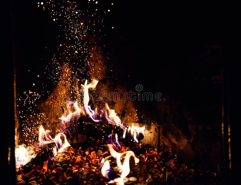 A Glowing Fire in the Stone Fireplace Stock Photo - Image of home, heat ...