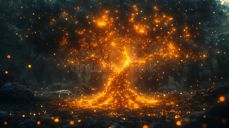 Glowing Fire Tree in Dark Forest, Fantasy Background, Game Asset Stock ...