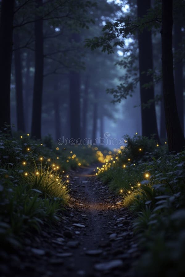 Glowing Fireflies Illuminate a Forest Pathway at Night, Nighttime ...