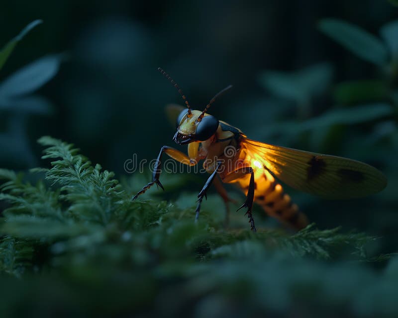 Glowing Firefly Close-up, Tiny Light and Delicate Wings in a Blurred ...