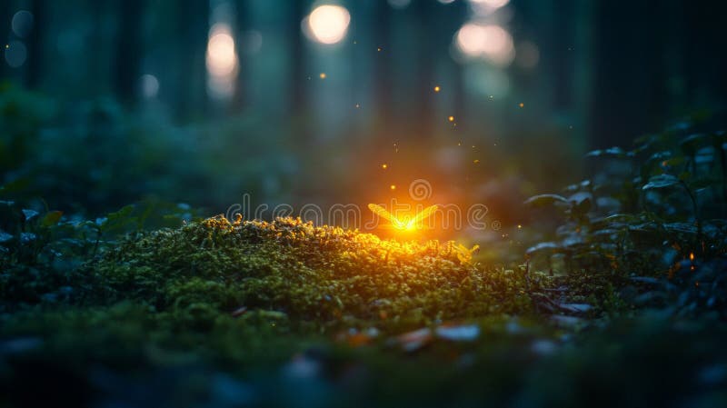 Glowing Firefly in Dark Forest at Night Stock Illustration ...
