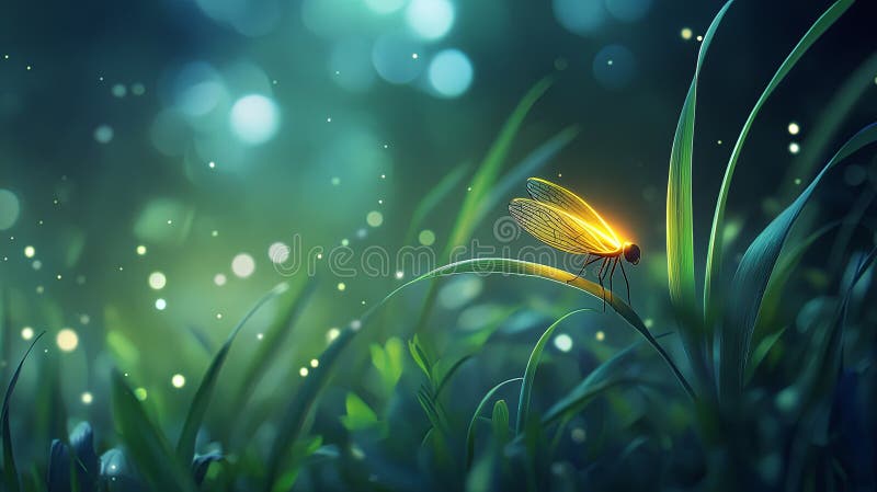 A Glowing Firefly Resting on a Single Blade of Grass, Highlighted in a Stock Illustration ...