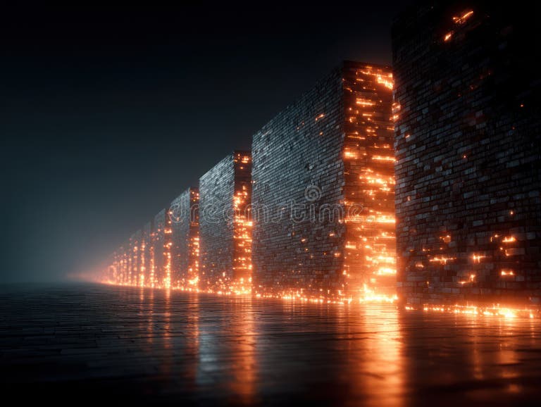 Glowing Firewall Brick Wall with Bright Orange Light Shining through ...