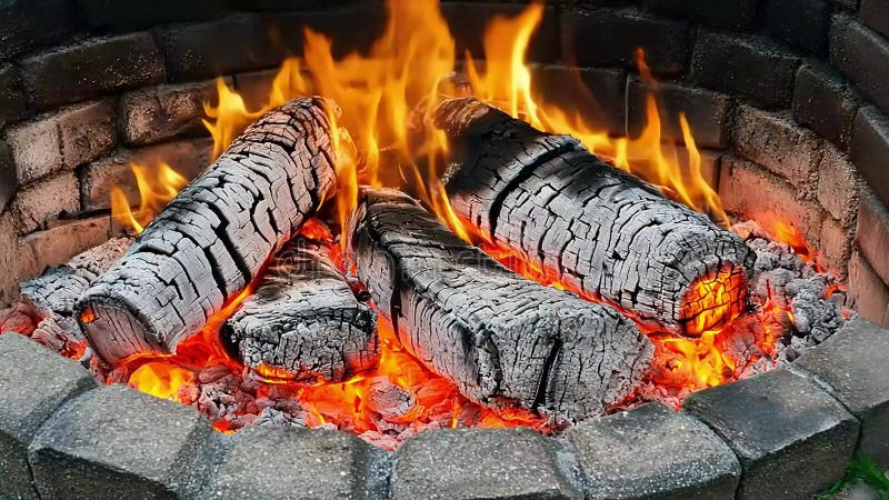 Glowing Firewood Burns Inside a Brick Fire Pit, Providing Warmth and ...