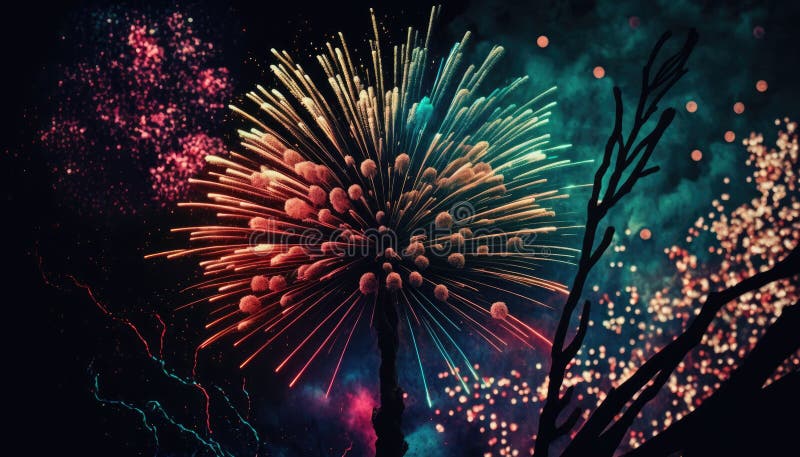 Glowing Fireworks in the Sky at Night. Exploding Fire Crackers. in ...