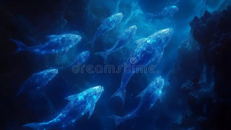 Glowing Fish School in Deep Ocean Stock Illustration - Illustration of ...