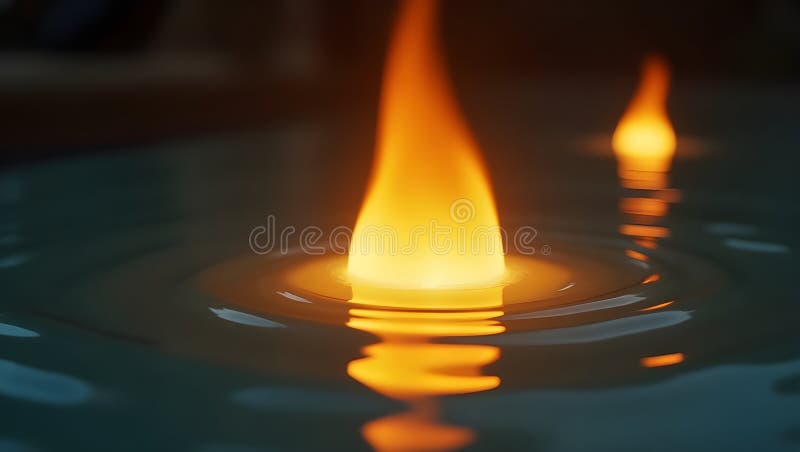 A Glowing Flame Floating on a Calm Water Surface with Reflections Stock ...