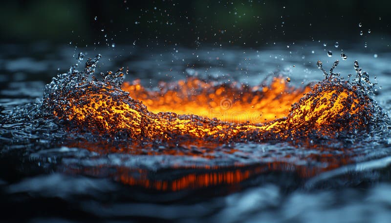 Glowing Flame Reflecting in Wet Liquid, Splashing Motion Generated by ...