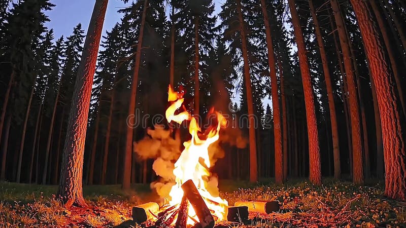 Glowing Flames of a Campfire Lighting Up the Forest with Tall Trees in ...