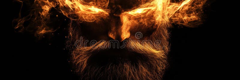 Illuminated Beard of Flames Against Black Background in a Fantasy Fire ...