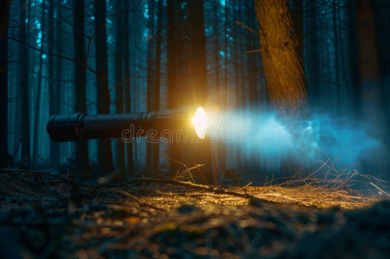 A Glowing Flashlight Pierces through the Misty Forest at Dusk ...