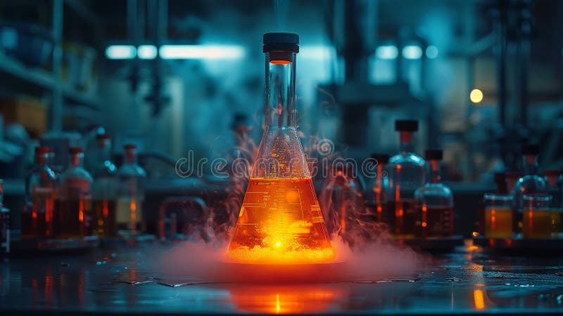Glowing Flask in a Laboratory Stock Illustration - Illustration of blue ...