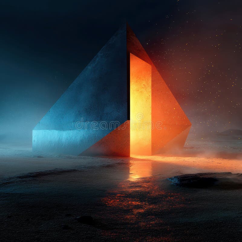 A Glowing, Floating Triangular Prism in Vibrant Blue and Orange Hovers ...