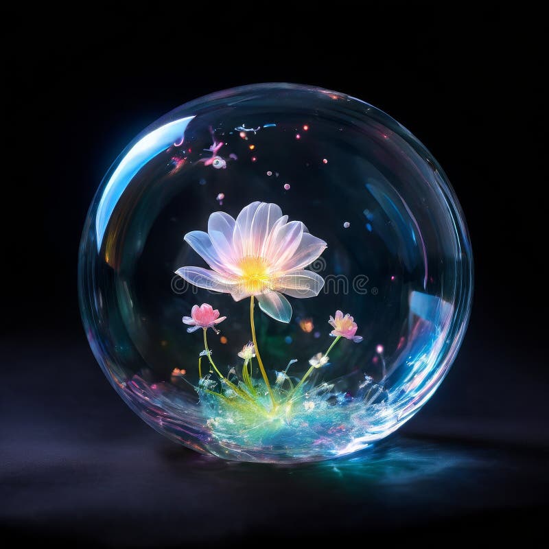 Glowing Flower Inside a Translucent Bubble on a Dark Background Stock ...
