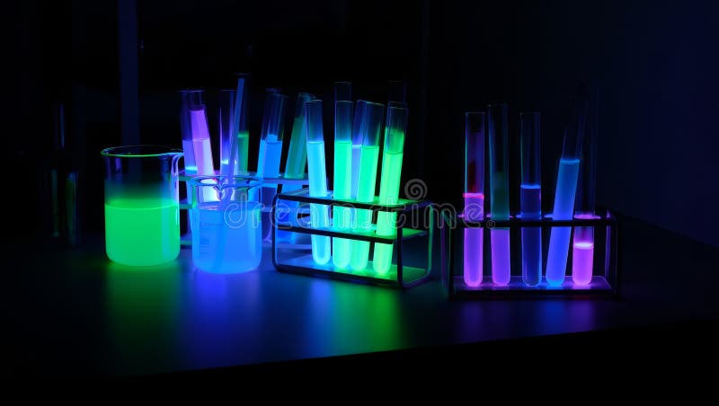 Glowing Fluorescent Chemicals in Test Tubes Under Uv Light in Dark ...